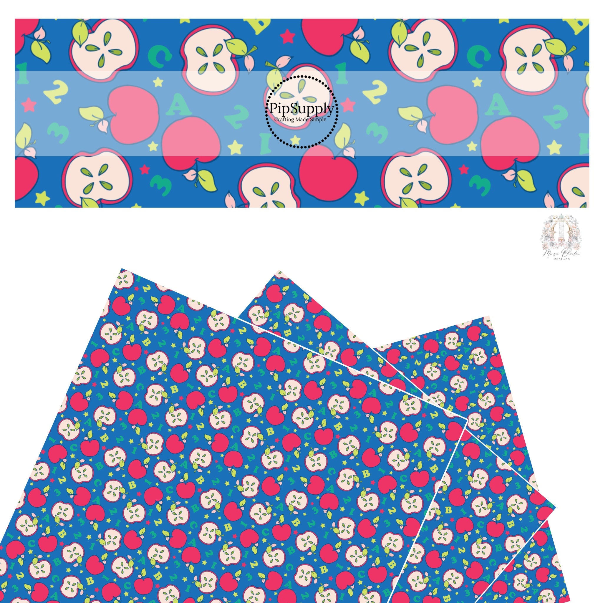 Alphabet and Numbers with Apples on Blue Faux Leather Sheet - ABC 123 ...