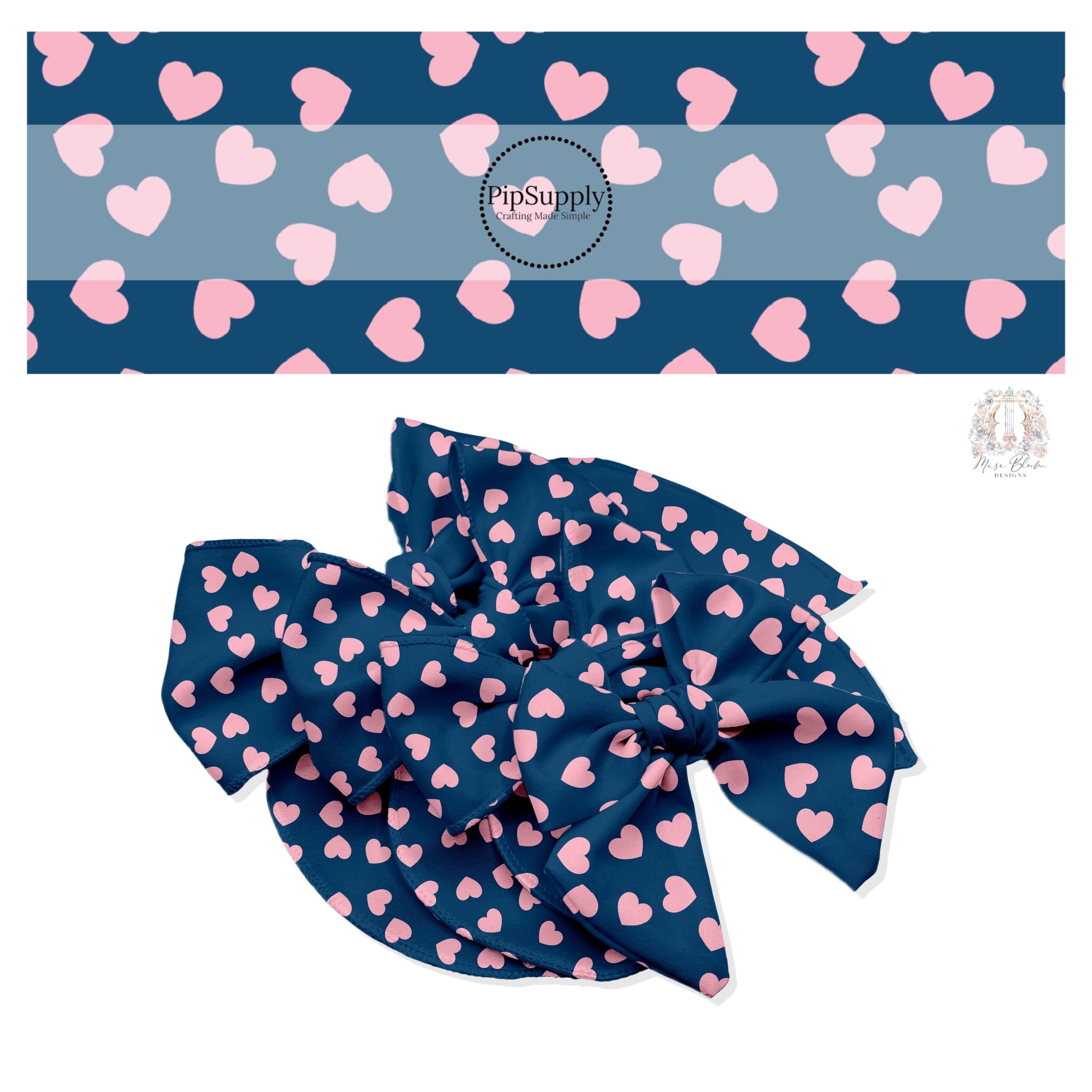 Light Pink Hearts In Various Directions On Dark Navy Hair Bow Strips ...