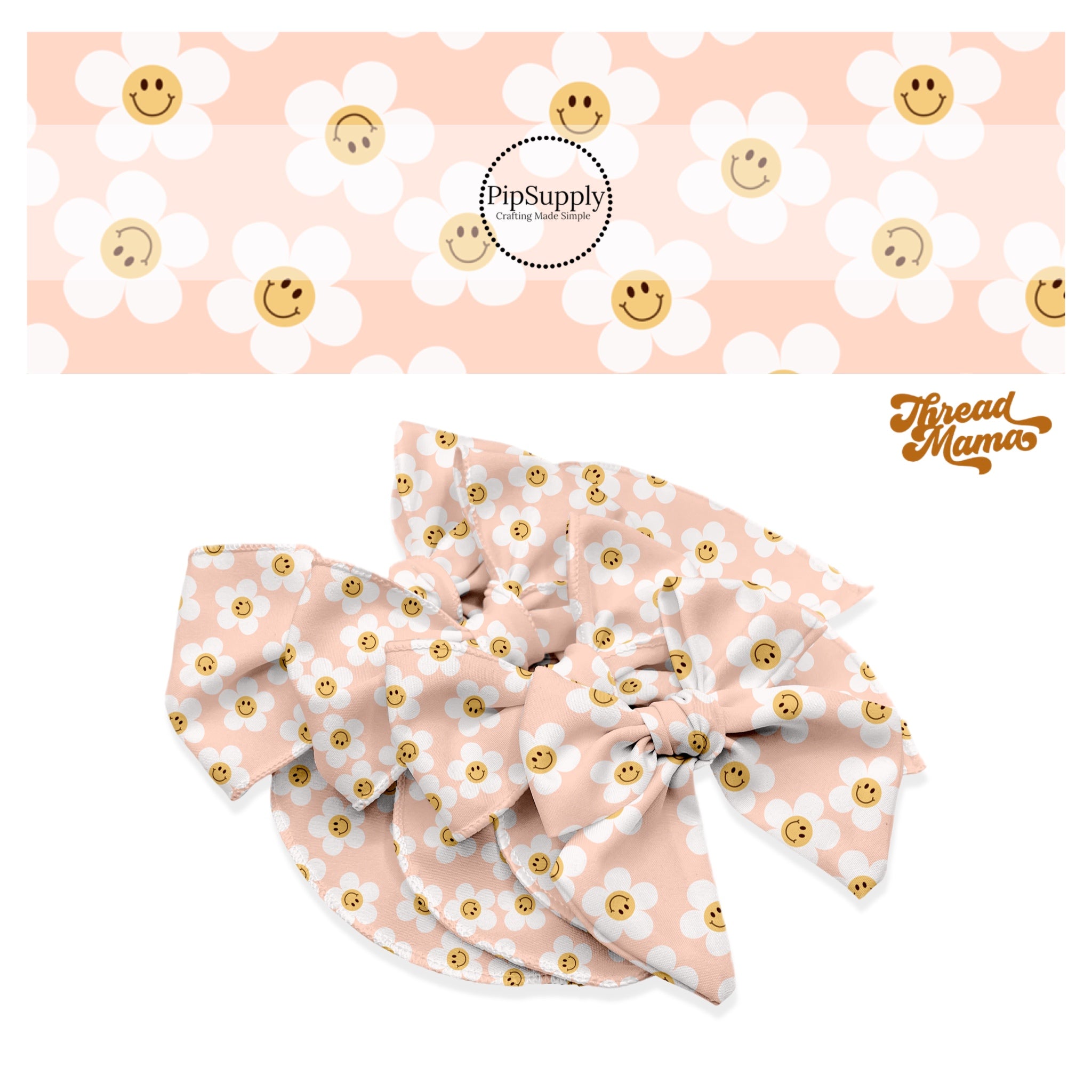 White Daisy Smiley Faces Bow Strips - Pastel Smiley Daisies - Pink Bows ...