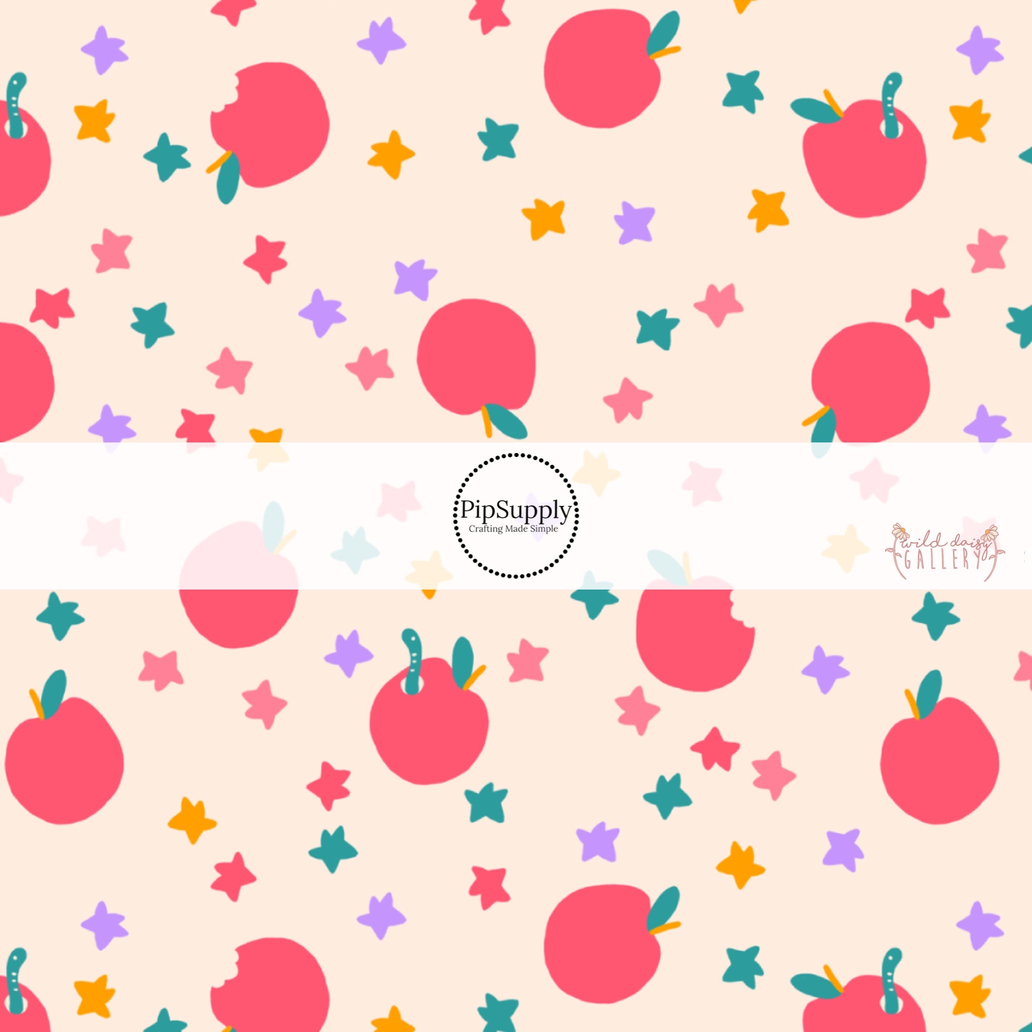 School Themed Fabric By The Yard - Apples and Multi Stars Fabric By The ...