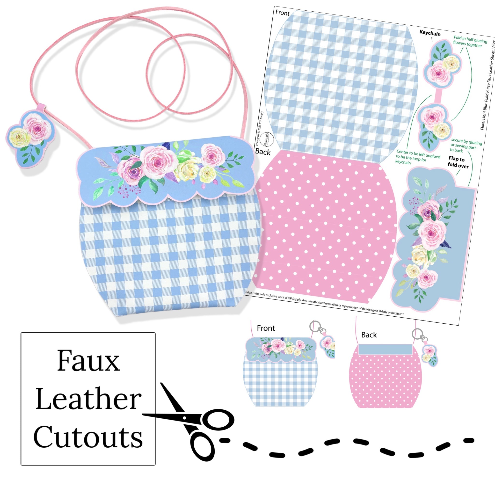 Blue and White Plaid with Flowers Hand Cut Purse Template - Blue Plaid ...