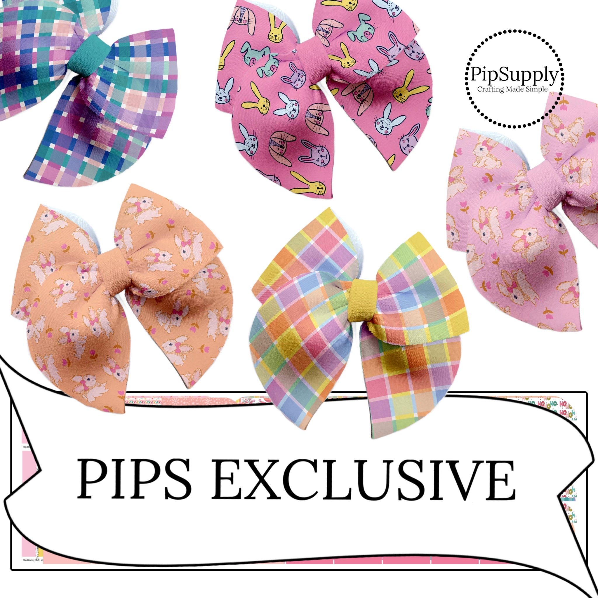 Spring Colorful Grid and Bunnies Neoprene Hand Cut Bow Strips - Bunnies ...