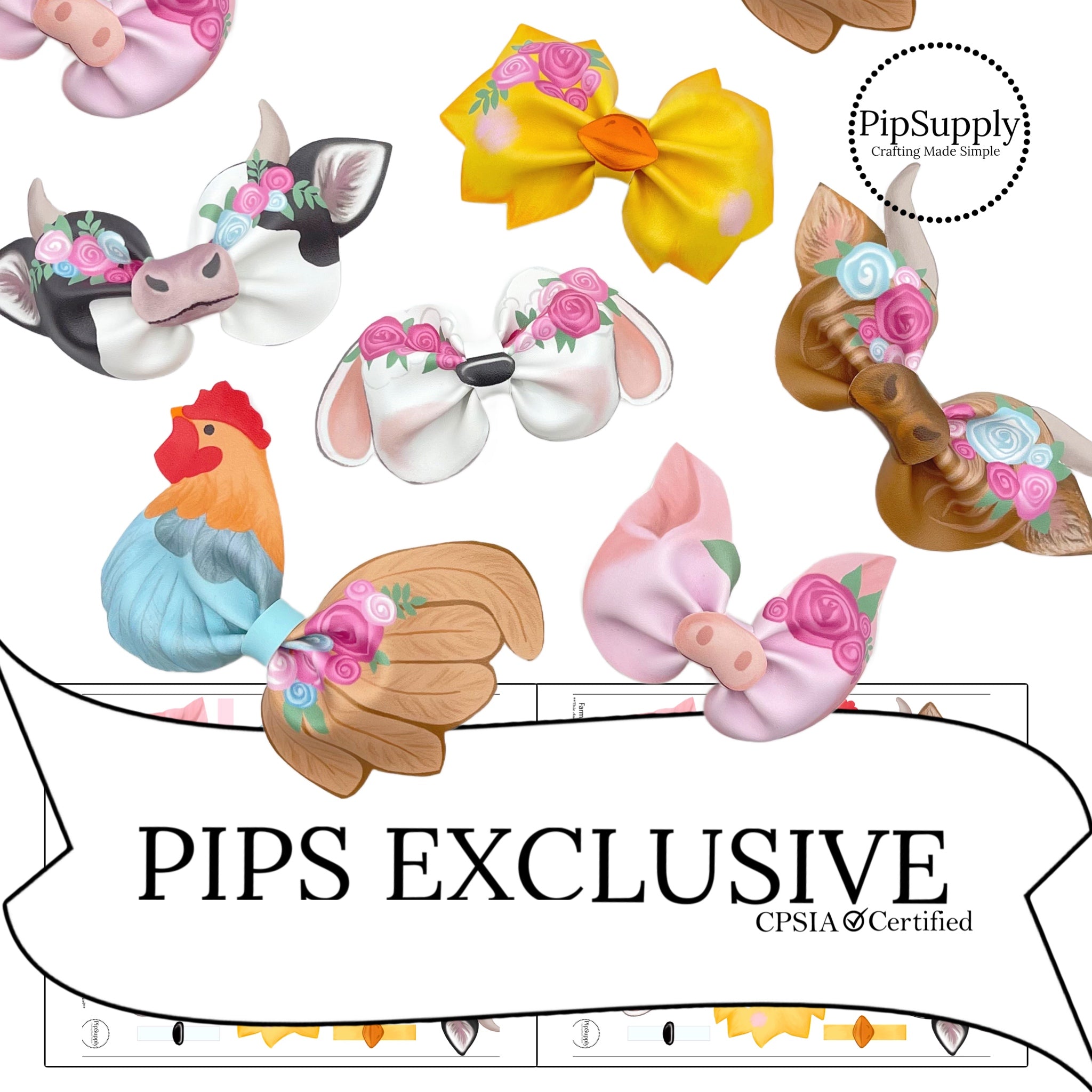 Pig Cow Duck Rooster Themed Hair Bows - Pink Rose Farm Animal Faux ...