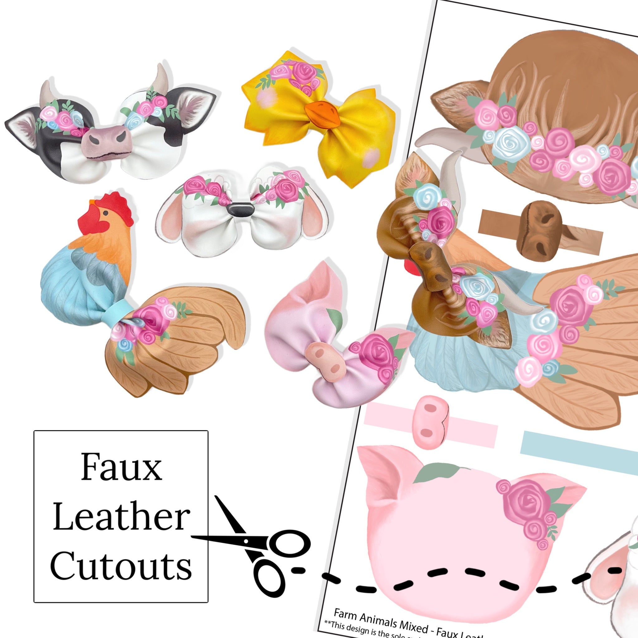 Pig Cow Duck Rooster Themed Hair Bows - Pink Rose Farm Animal Faux ...