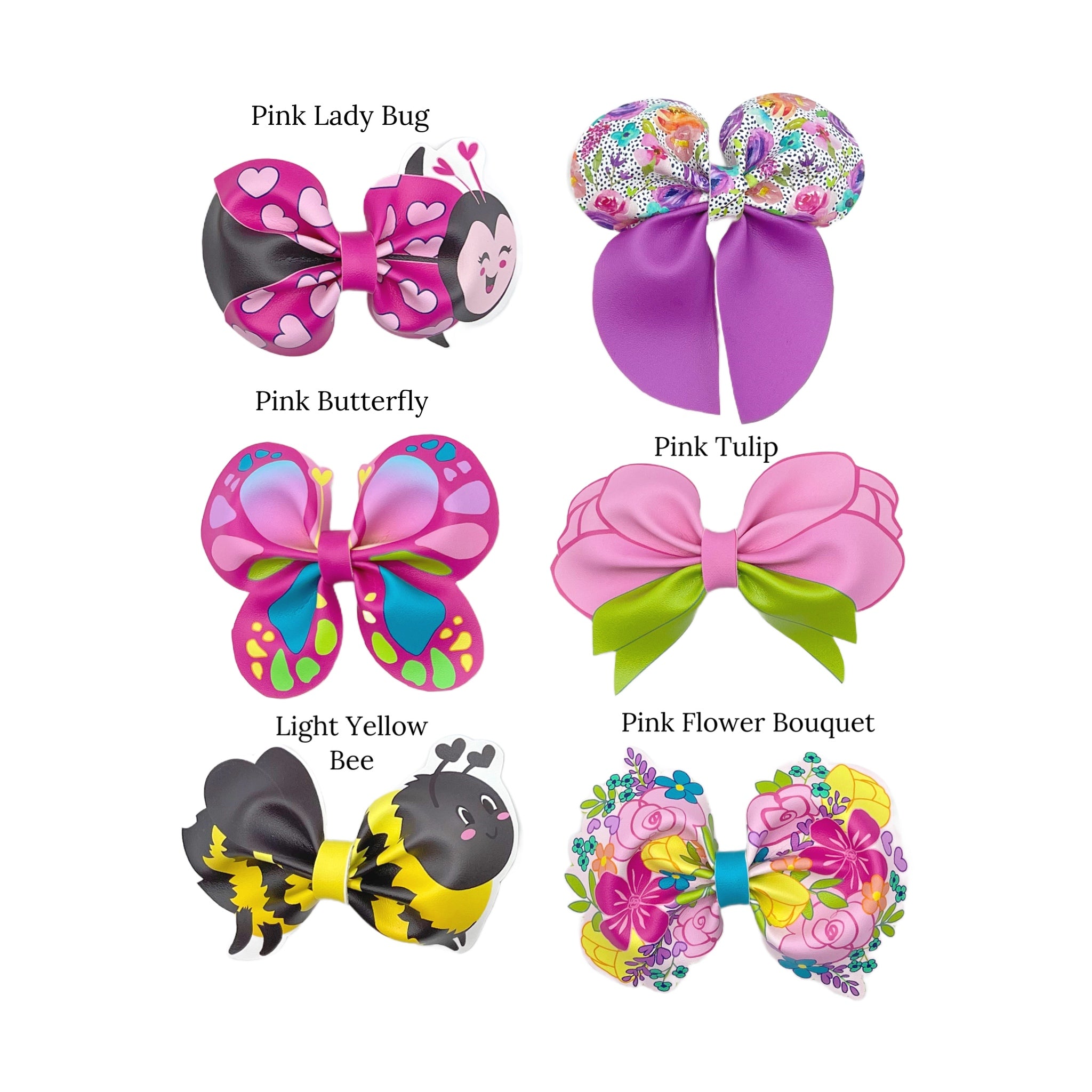 Bright Insect and Garden Hair Bows - Pink Spring Garden Faux Leather ...