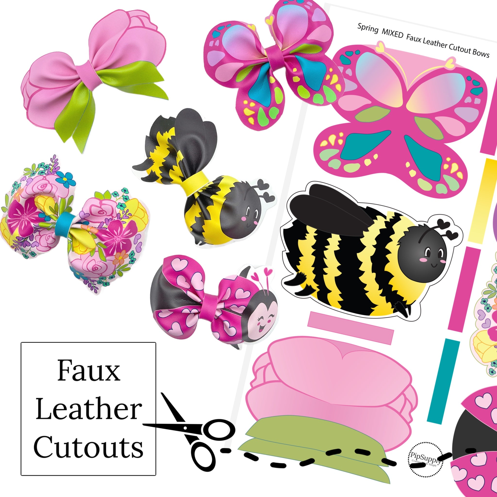 Bright Insect and Garden Hair Bows - Pink Spring Garden Faux Leather ...
