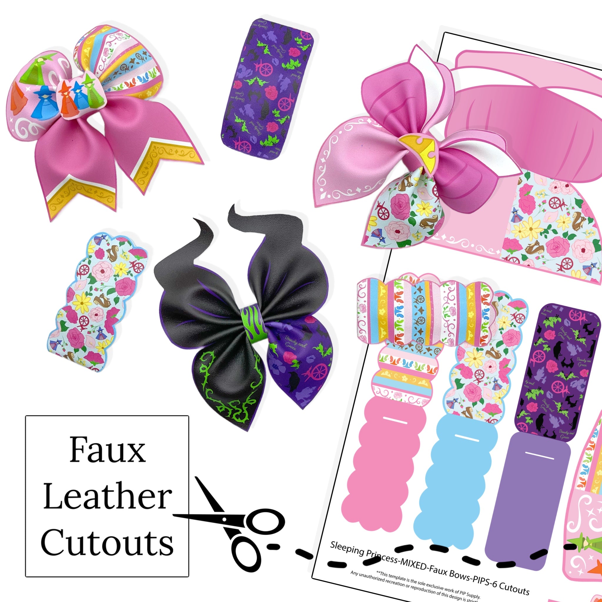 Mistress of Evil and Spinning Wheel Princess Faux Leather DIY Hair Bows ...