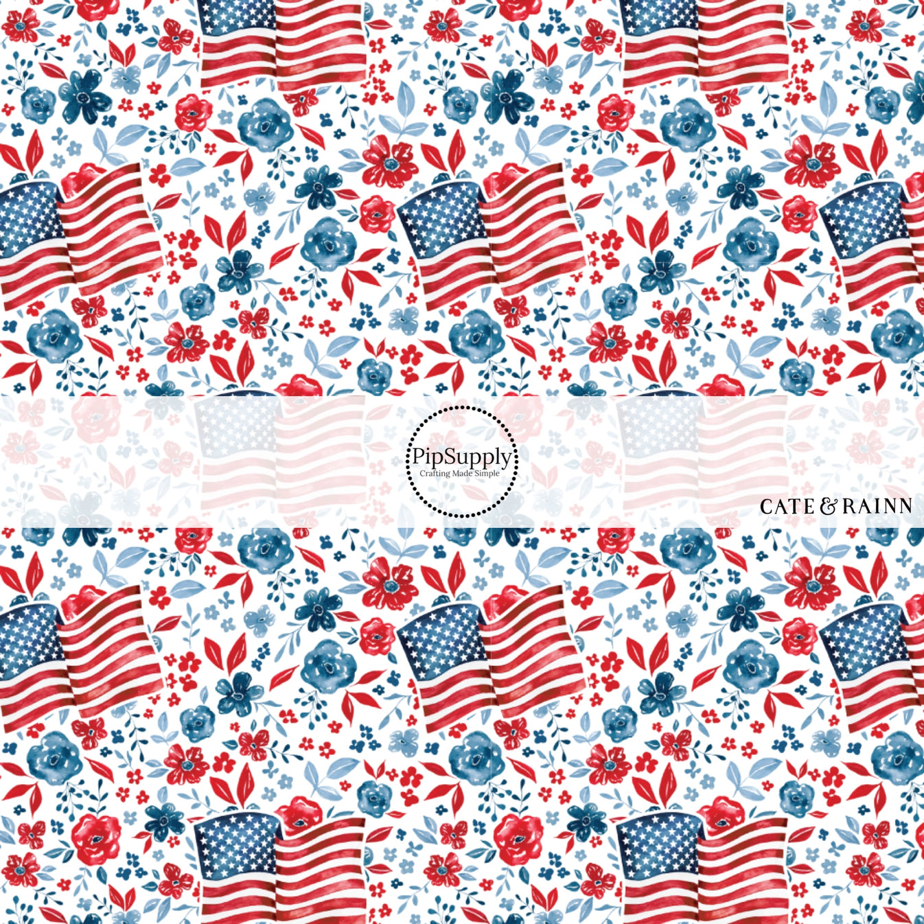 Patriotic Flags and Floral Hair Bow Strips - American Flag Floral Cream ...