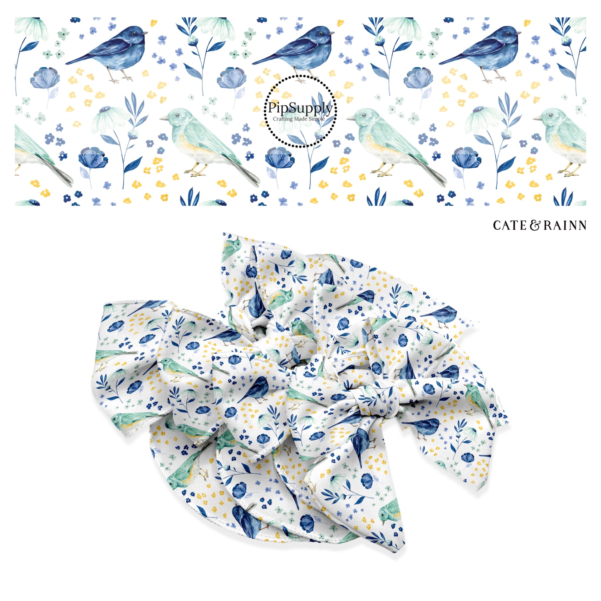 Spring Birds and Flowers Hair Bow Strips - Blue Bird Floral Hair Bow ...