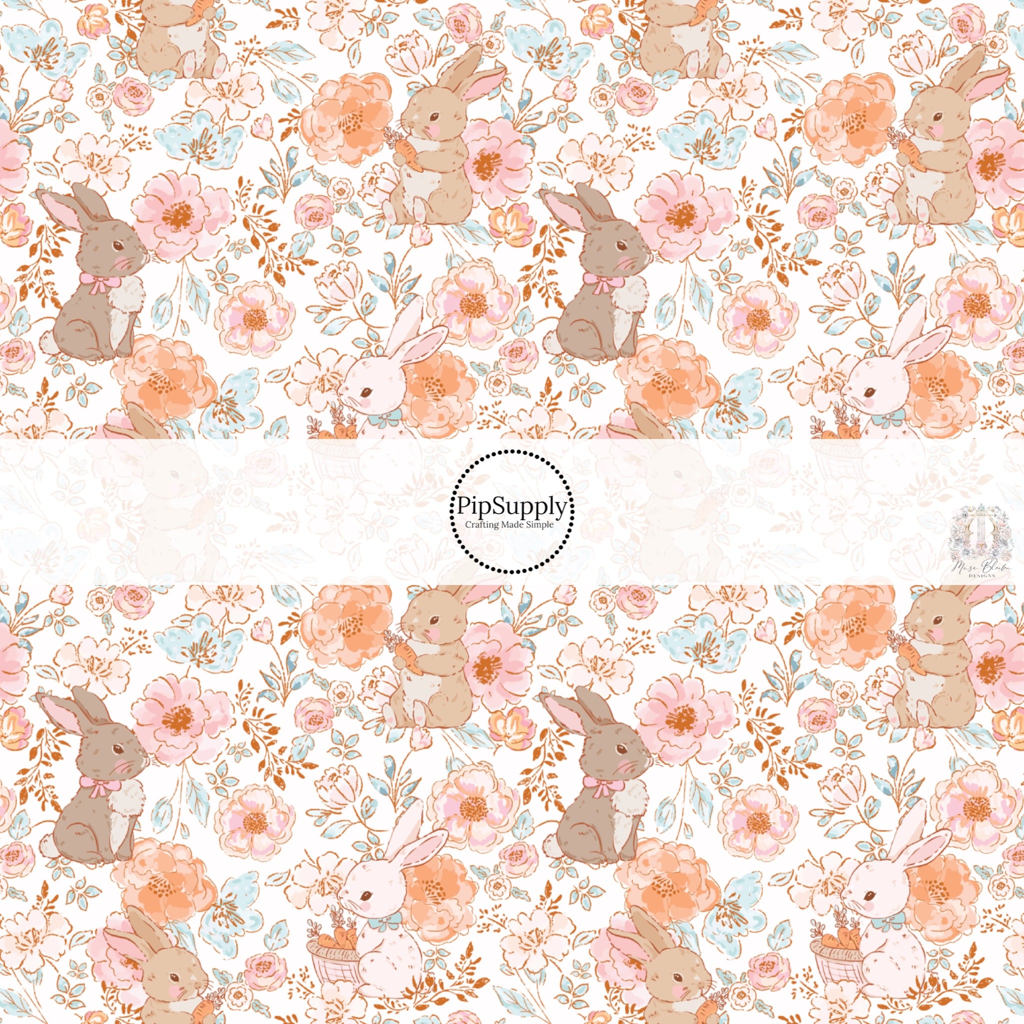 Spring Bunnies and Flowers Fabric By The Yard - Dainty Floral Bunny ...