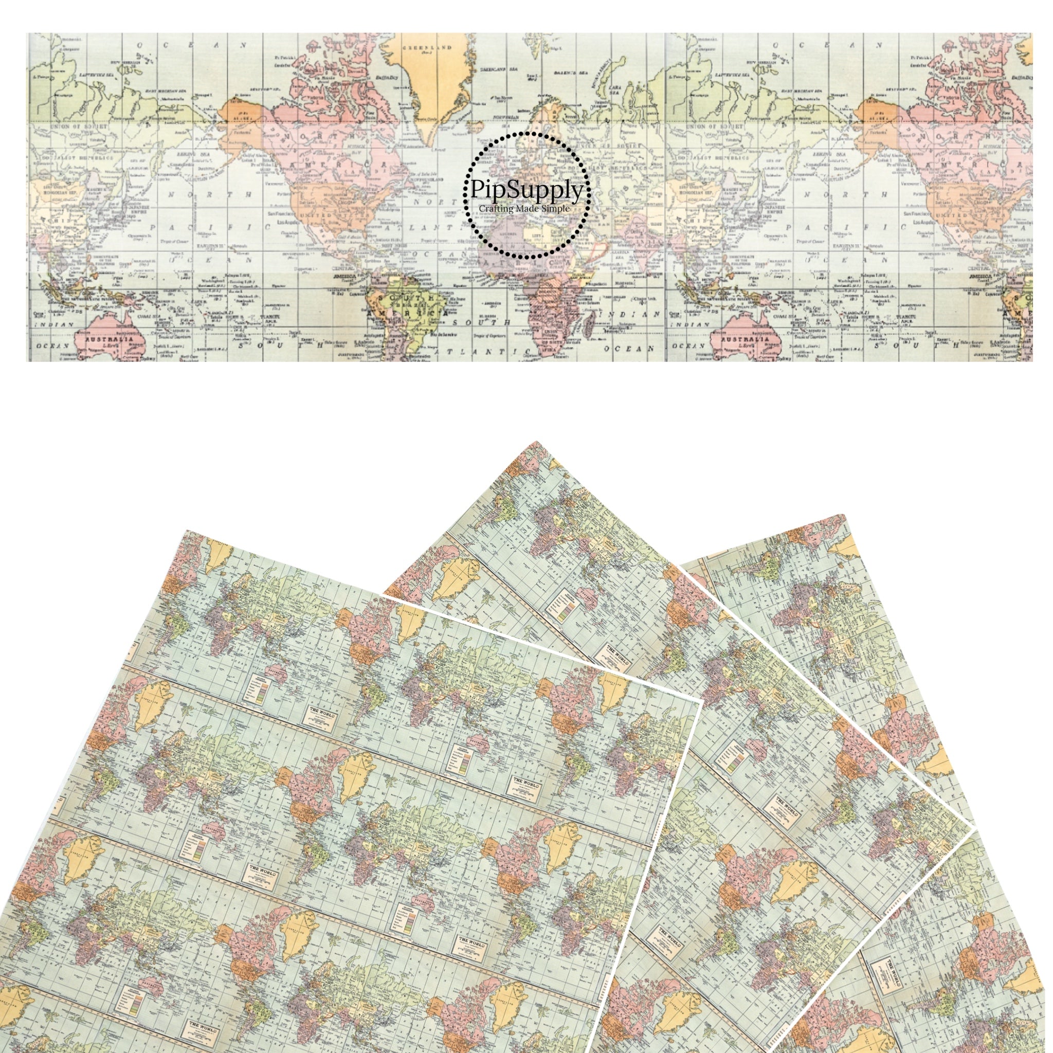 Travel Themed Faux Leather Sheets - Earth Map Green Faux Leather Sheets ...