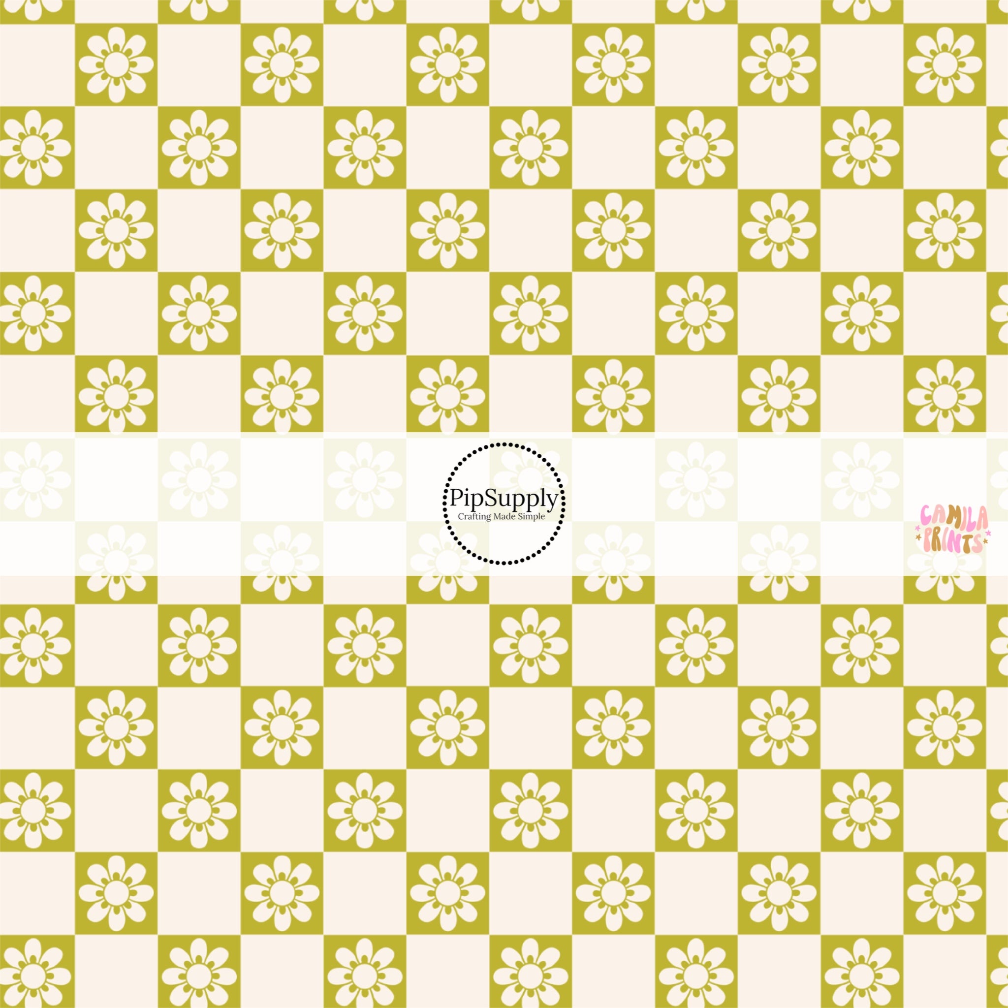 Spring Floral Checkers Fabric By The Yard - Green Daisy Checker Fabric ...