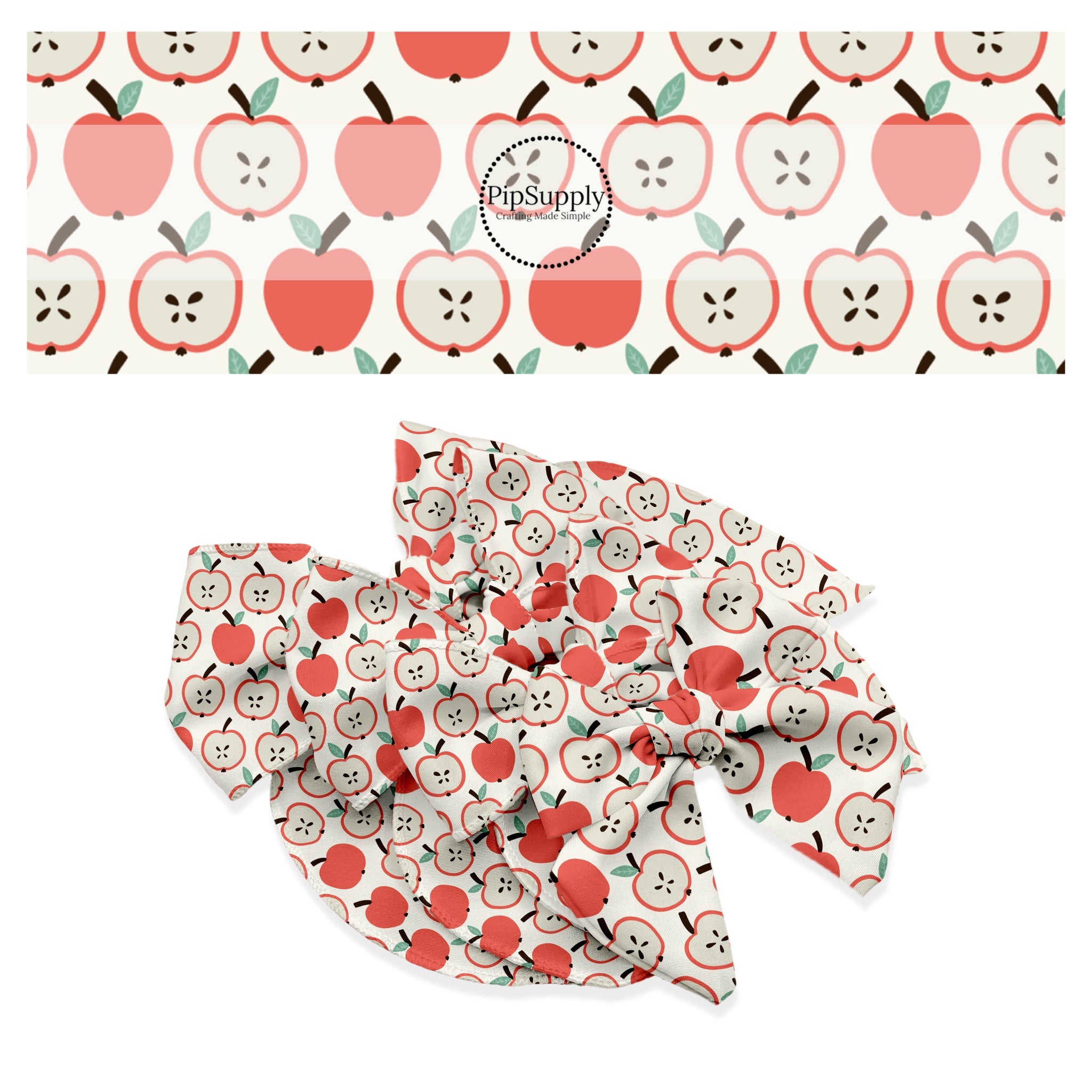 Red Apples on Cream Bow Strips - An Apple a Day Hair Bow Strips - Back ...