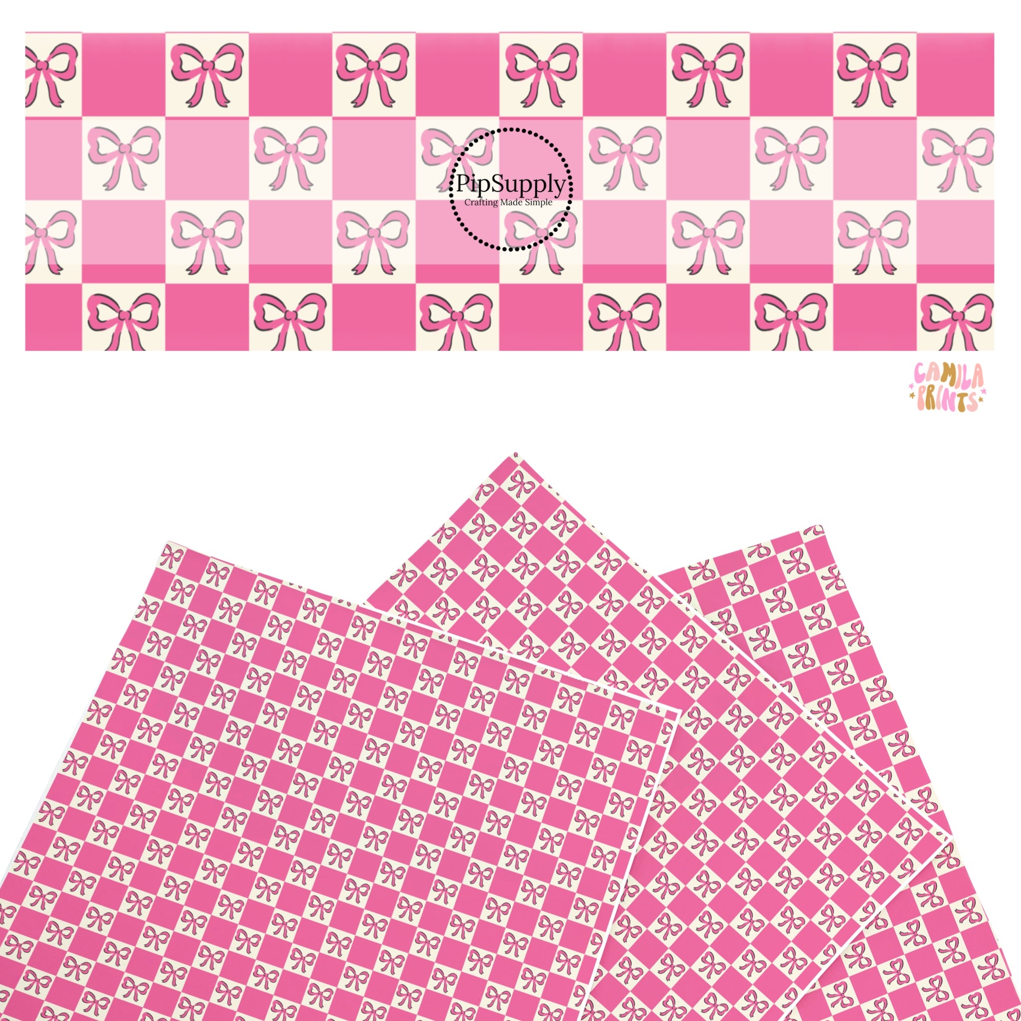 Spring Bows Checkers Faux Leather Sheets - Hot Pink Bow Checker Faux ...