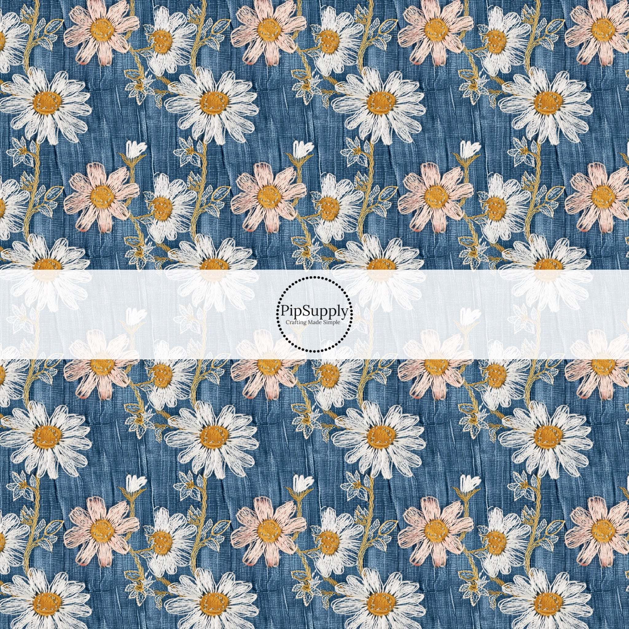 Floral Denim Fabric By The Yard - Large Daisy Faux Denim Fabric By The ...