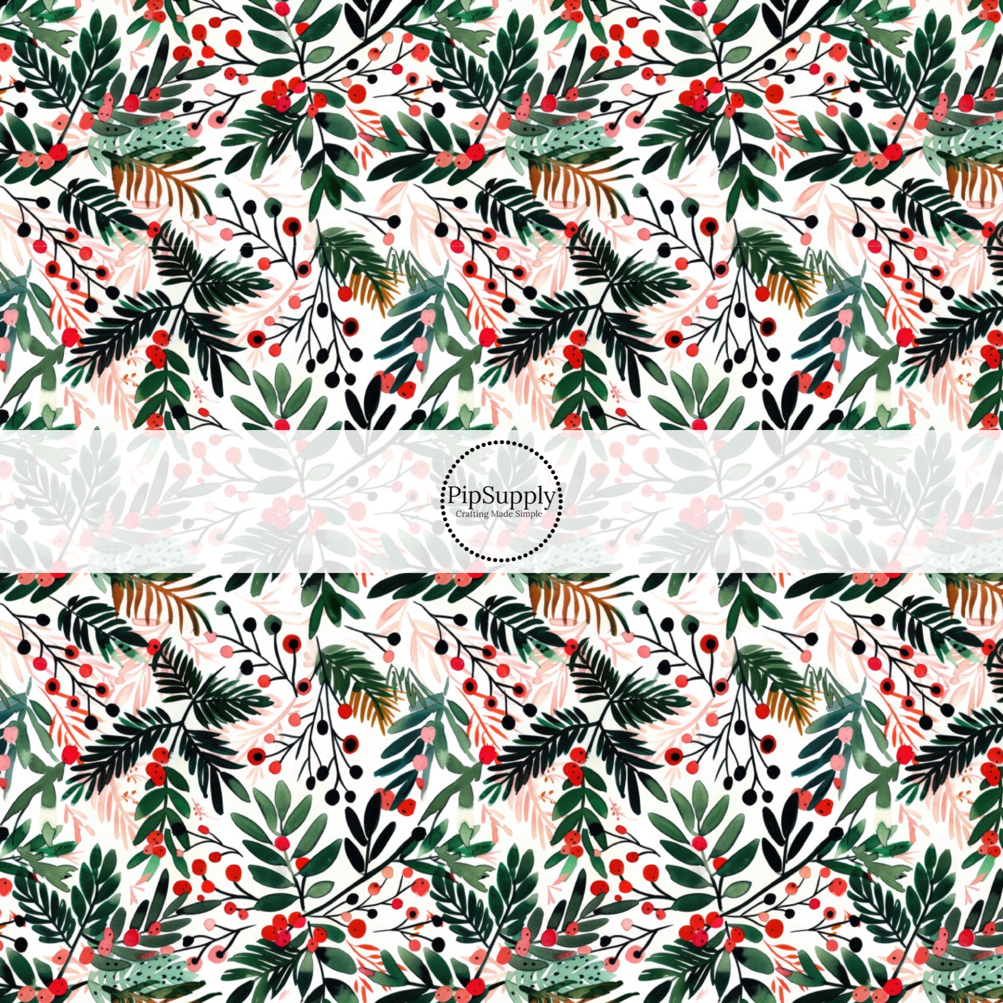 Green Multi Leaves and Red Christmas Berries Fabric By The Yard – Pip ...