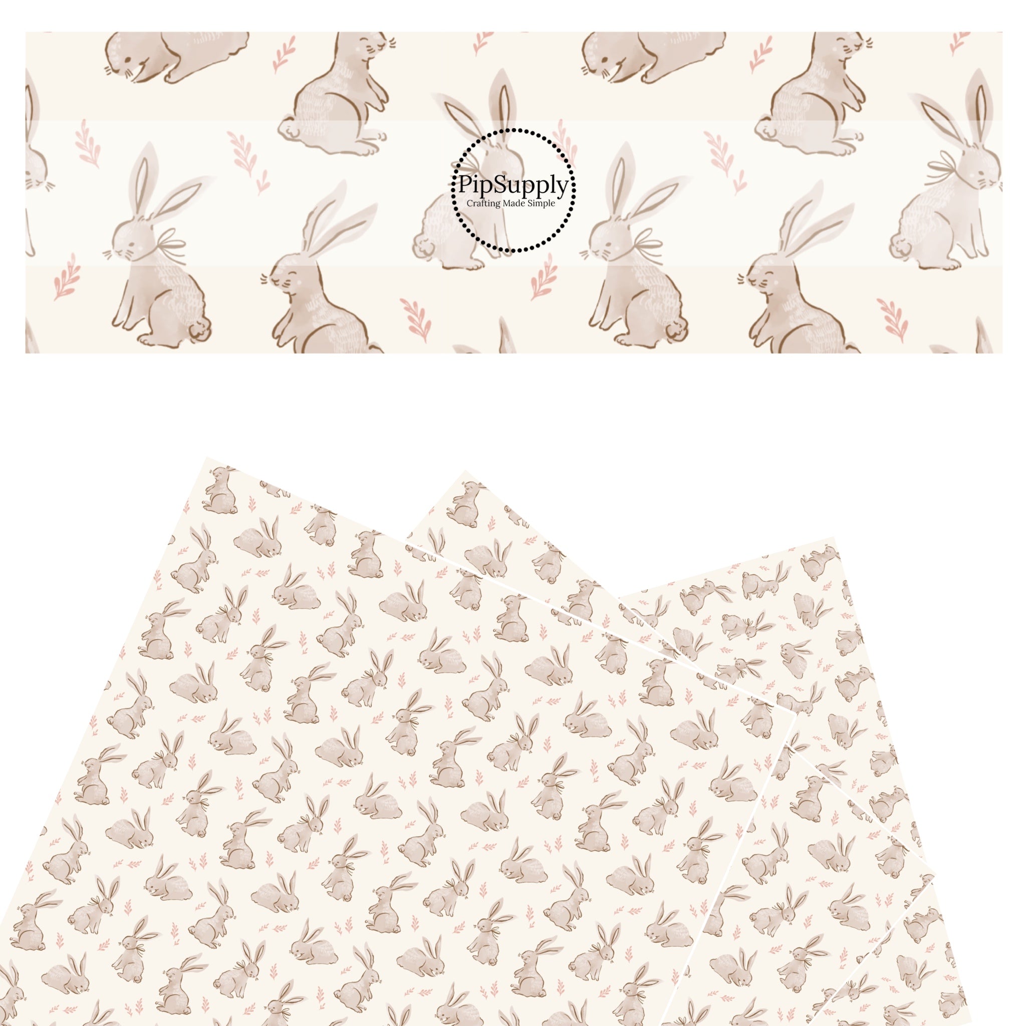 Spring Bunnies Faux Leather Sheet - Light Brown Bunnies on Cream Faux ...