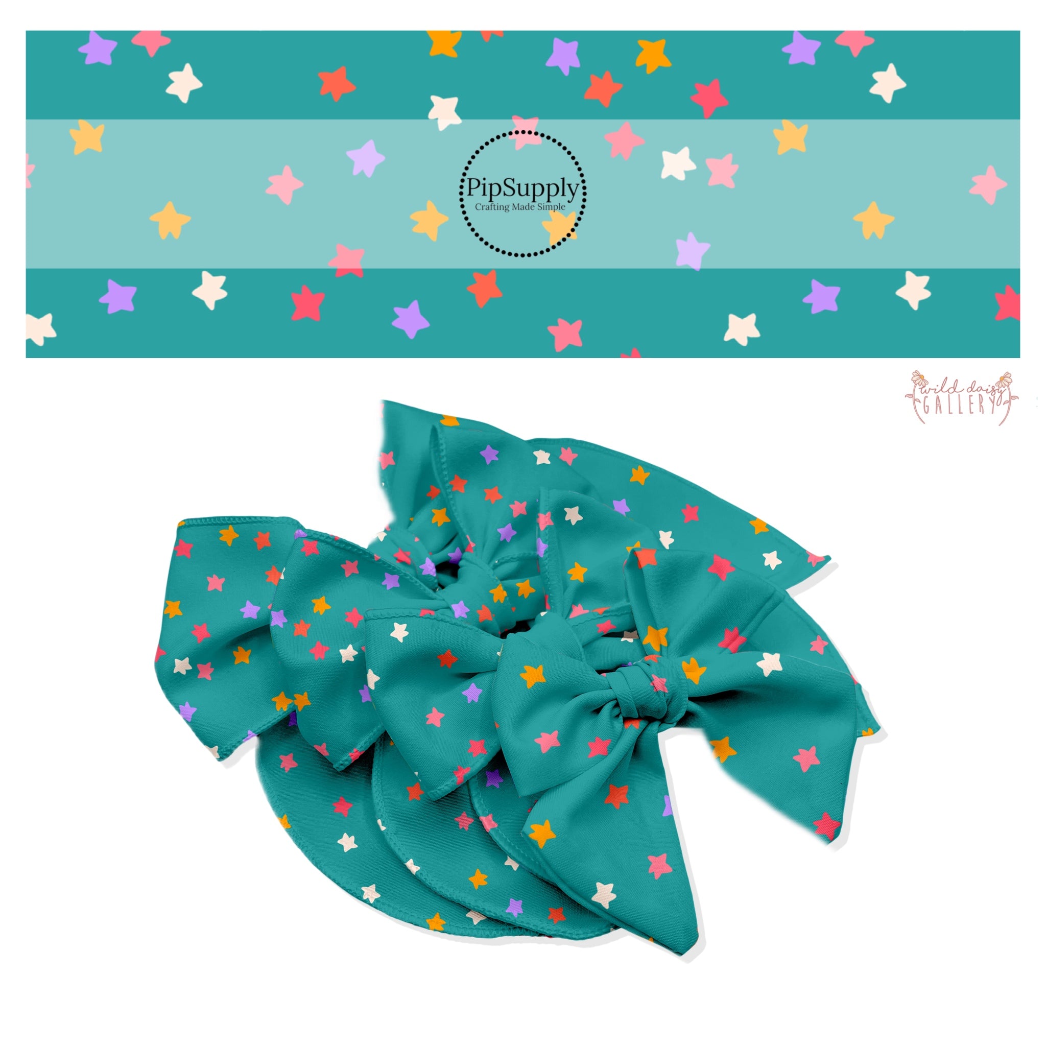 Pink, Purple, White, and Gold Stars on Teal Bow Strips - Multi ...