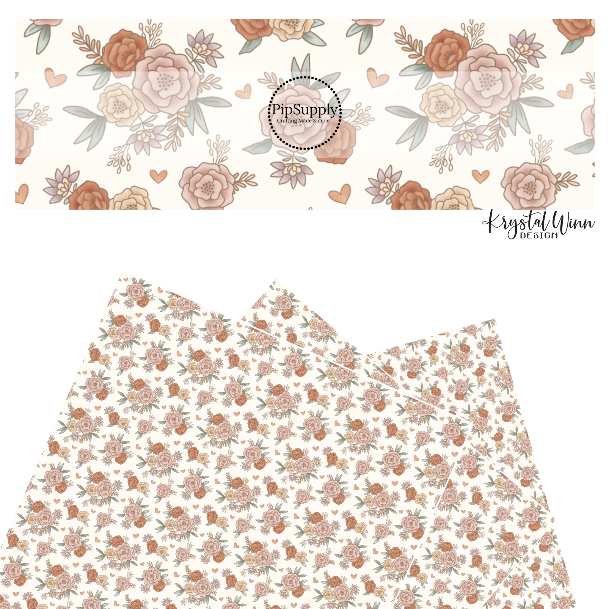 Flowers And Hearts On Cream Faux Leather Sheet Assorted Boho Floral