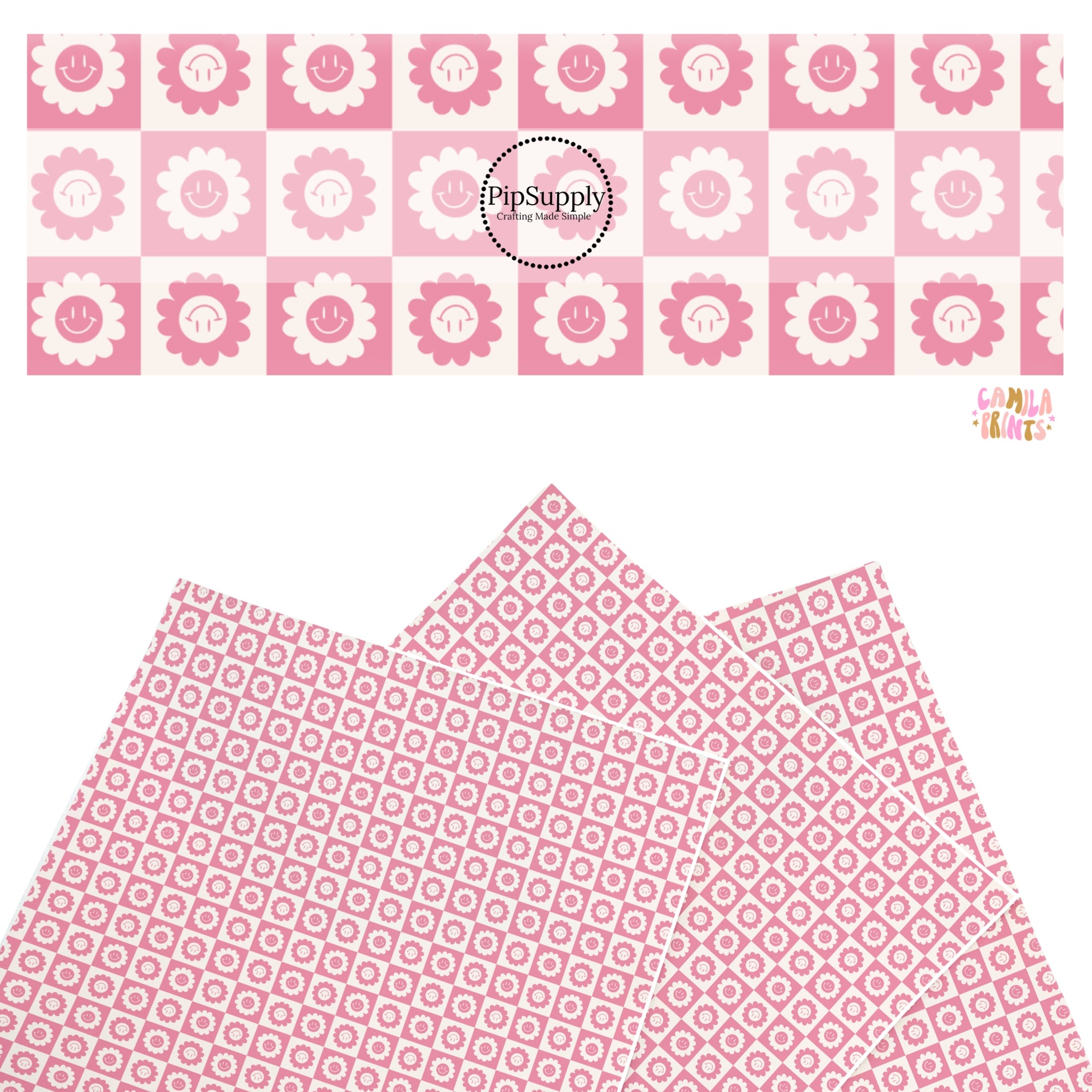 Spring Floral Checkers Faux Leather Sheets - Pink Cream Daisy Checker ...