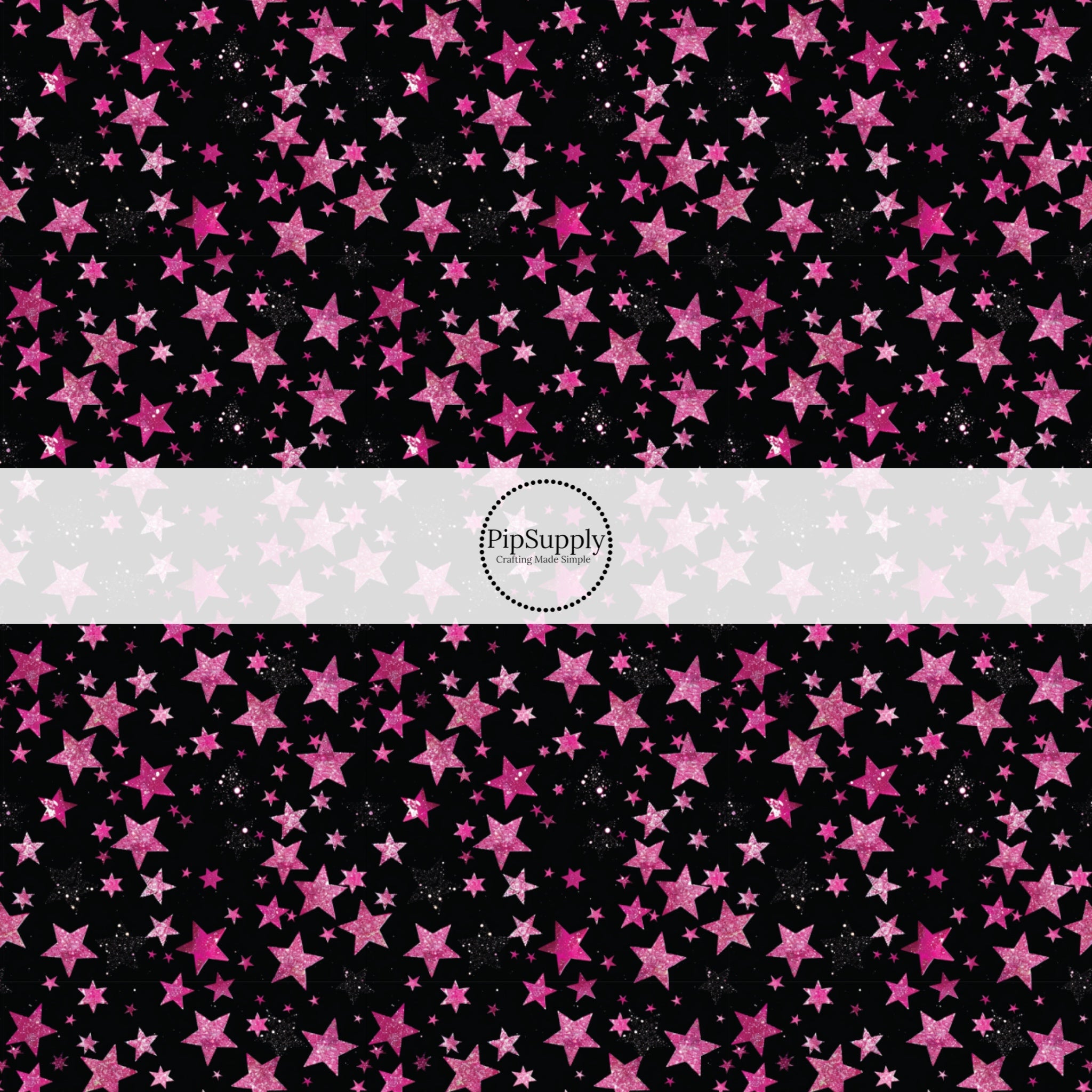Happy New Year Stars Fabric By The Yard - Pink Glitter Stars on Black ...