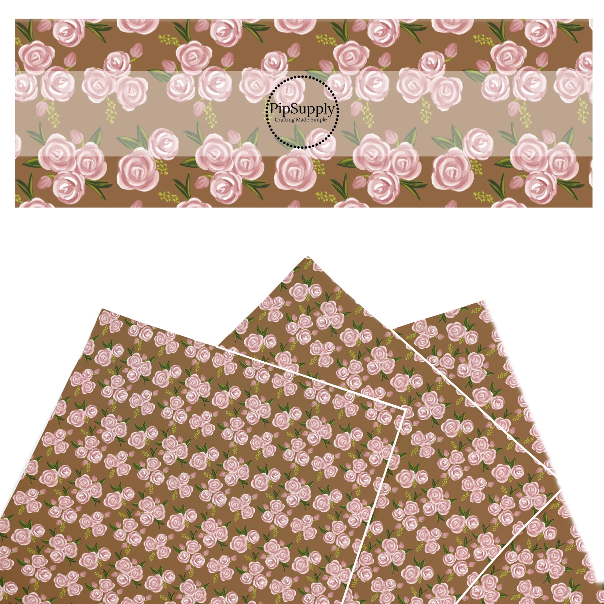 Spring Rose Flowers Faux Leather Sheets - Pink Painted Roses Brown Faux ...