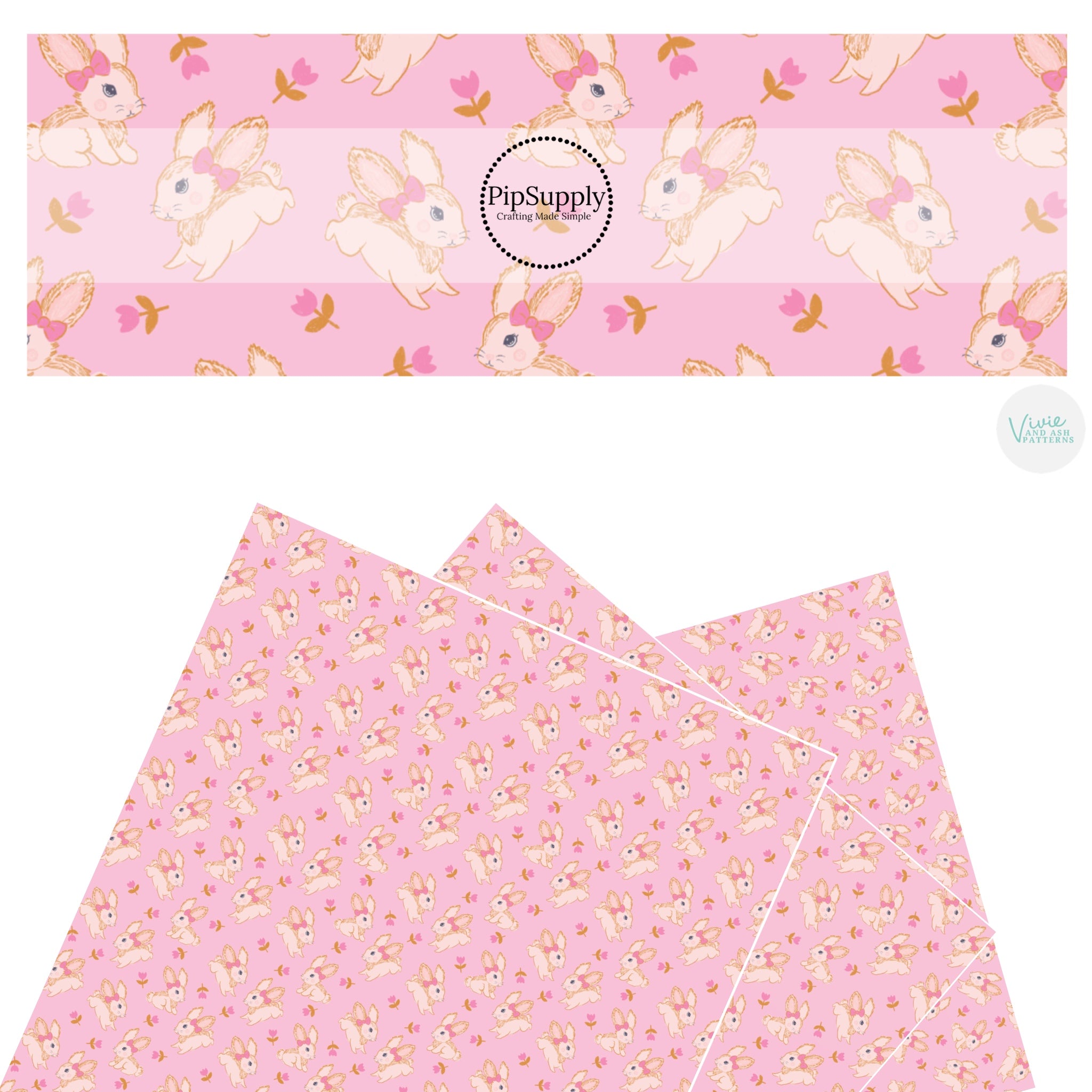 Spring Bunny Floral Faux Leather Sheet - Pink Soft Bunnies Faux Leather ...