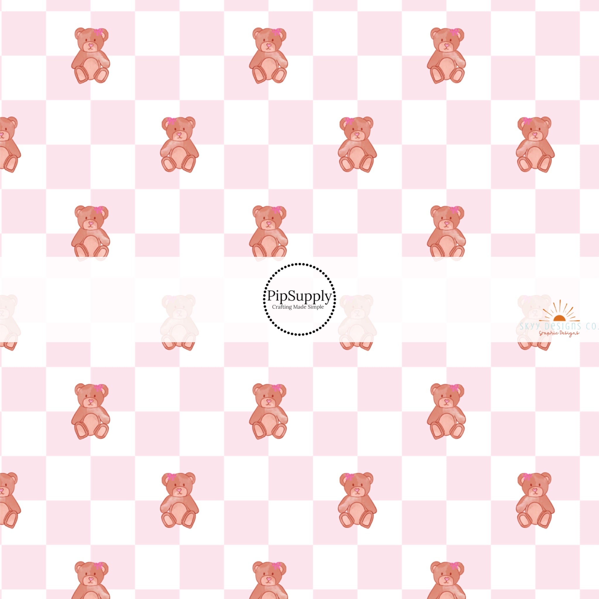 Valentine Day Bears Fabric By The Yard - Pink Teddy Checker Fabric By ...