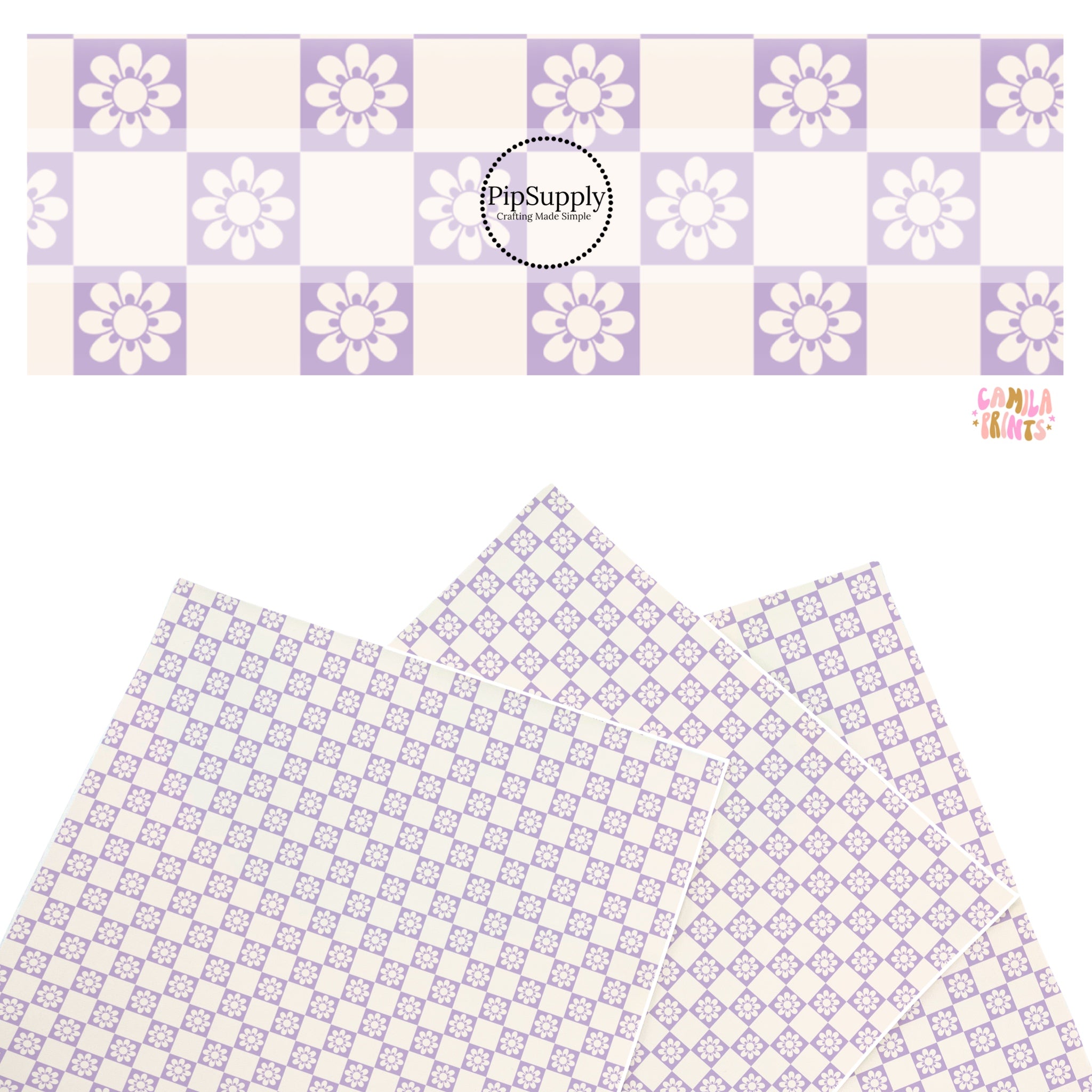 Spring Floral Checkers Faux Leather Sheets - Purple Checker Daisies ...