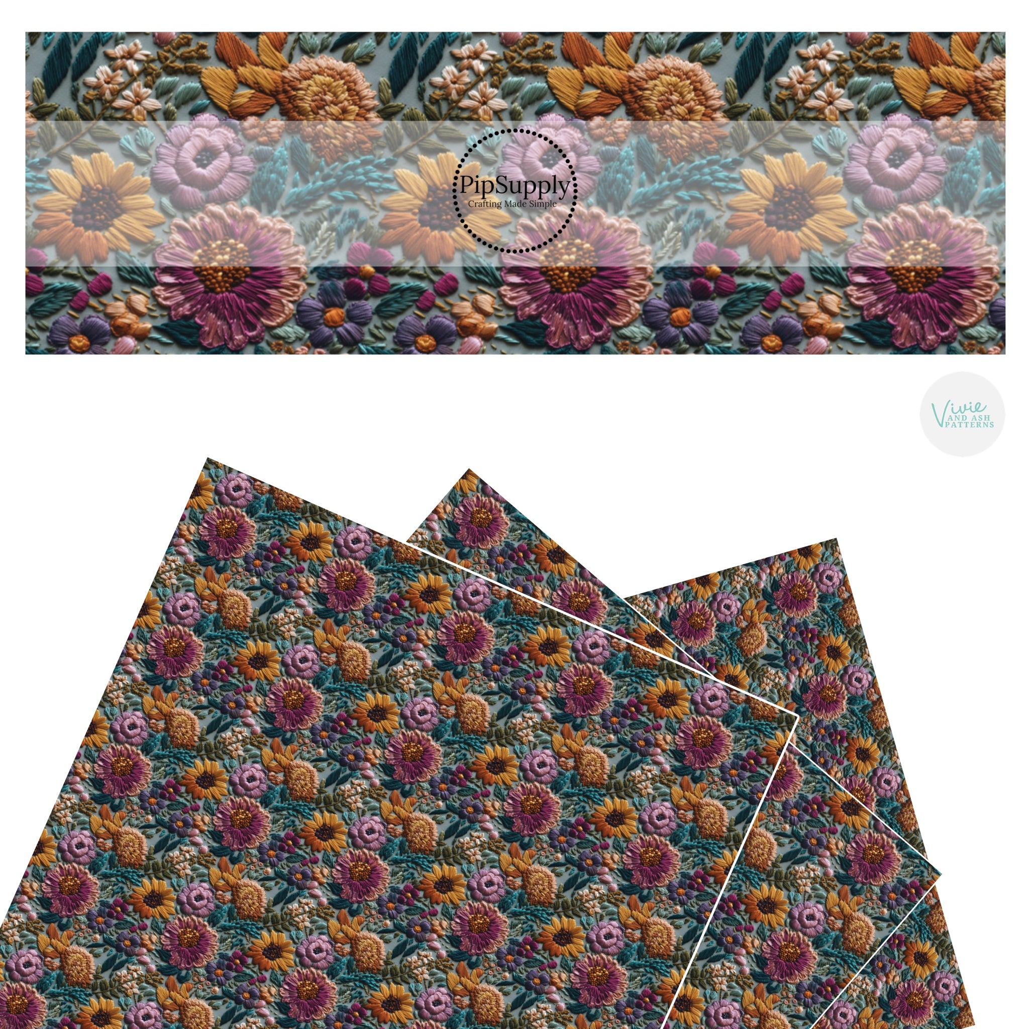 Flowers and Leaves on Blue Faux Leather Sheet - Amethyst and Mustard ...