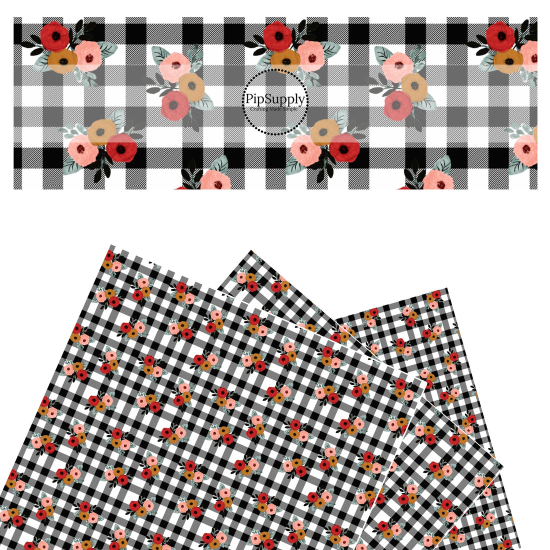Fall Floral On Black And White Checker Pattern Faux Leather Sheet ...