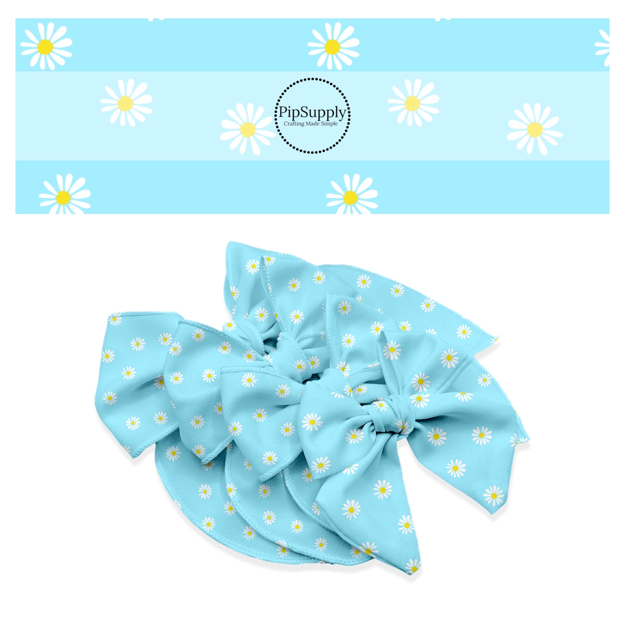 Sky Blue Hair Bow Strips with White Daisies - Bright Blue Daisy Bow ...