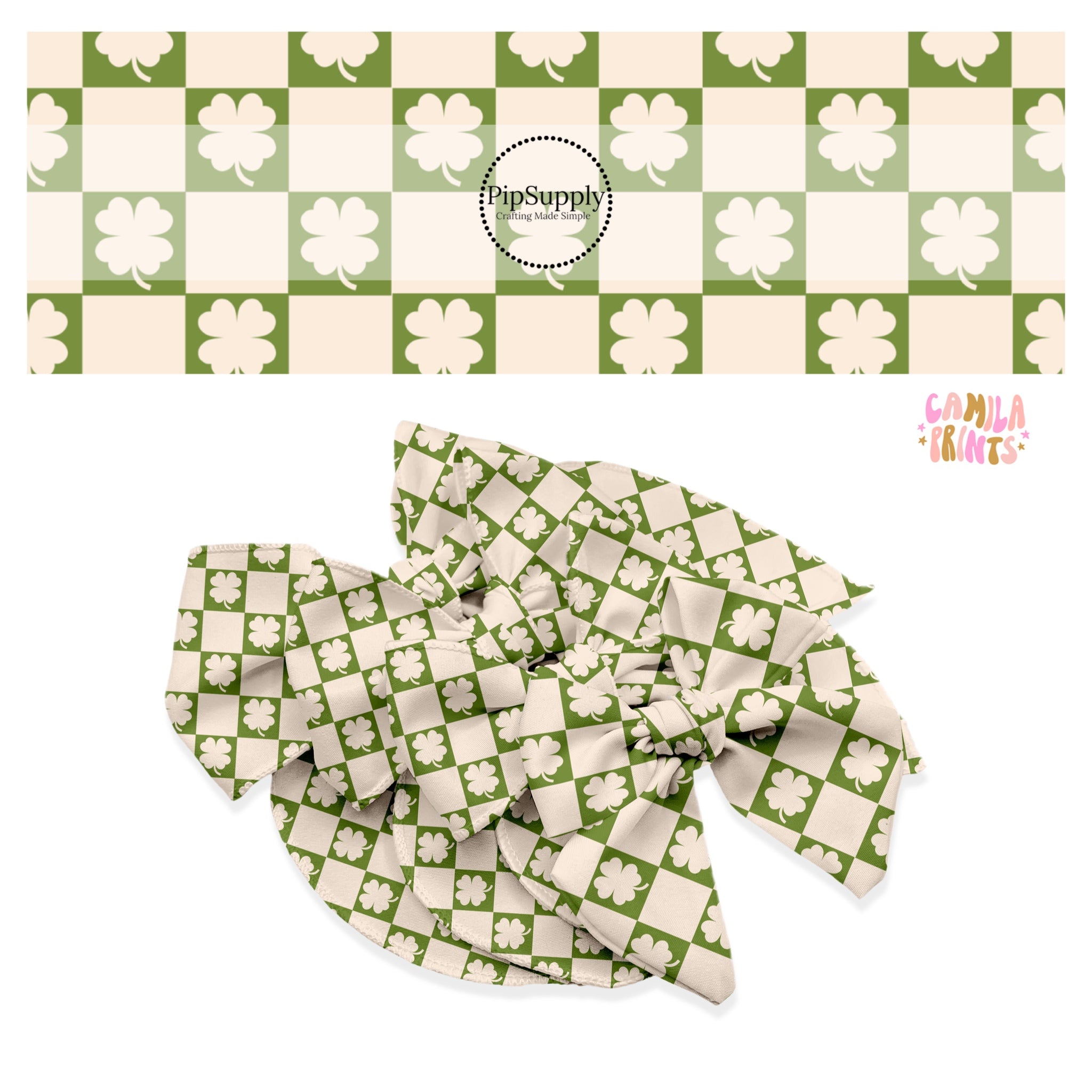 Cream Clover on Green Bow Strips - Clover Checkered Bow Strips ...