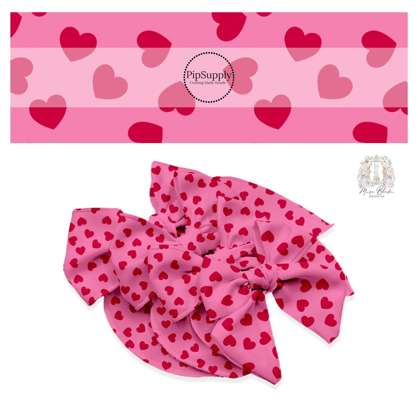 Dispersed Red Hearts on Hot Pink Bow Strips - Floating Red Hearts on ...