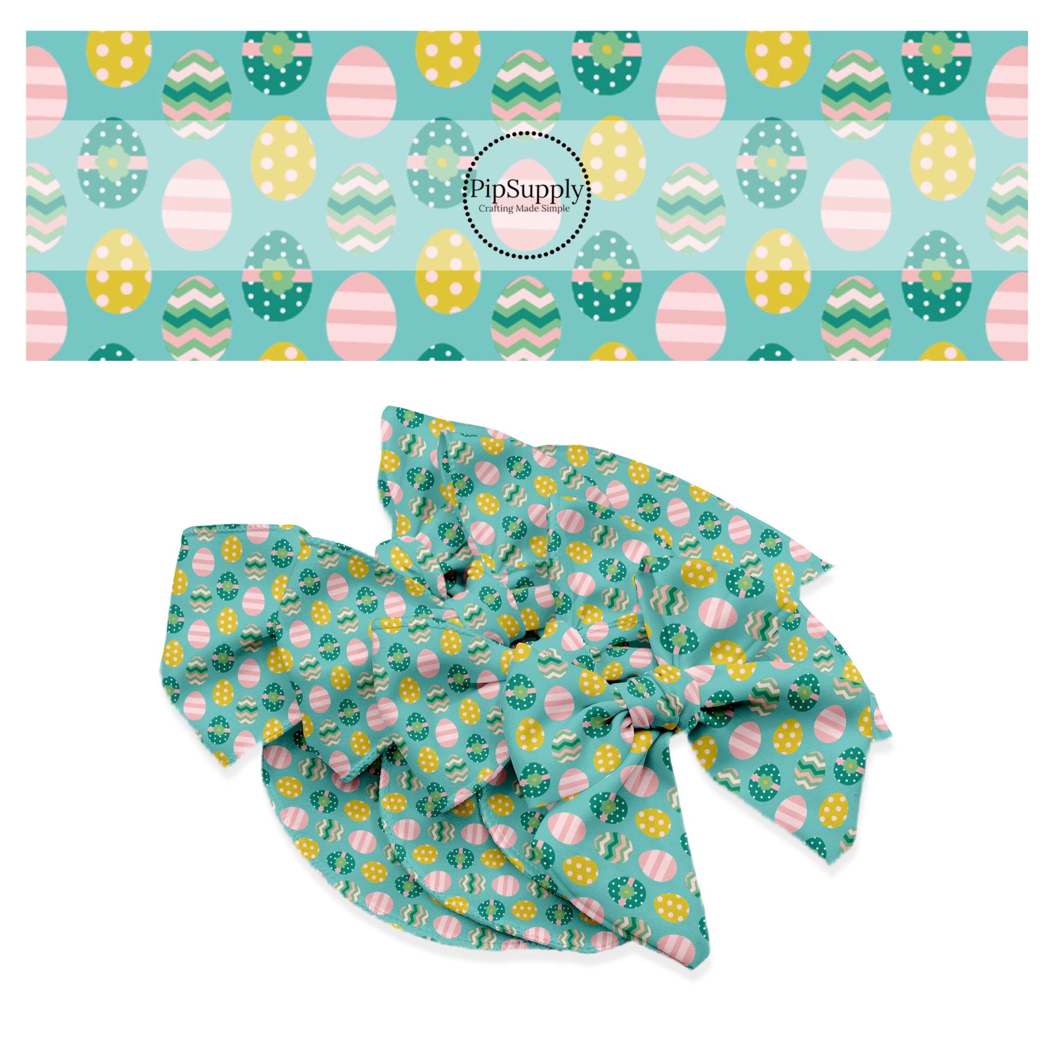 Stripes and Polka Dot Easter Eggs Bow Strips - Decorative Eggs on Teal ...