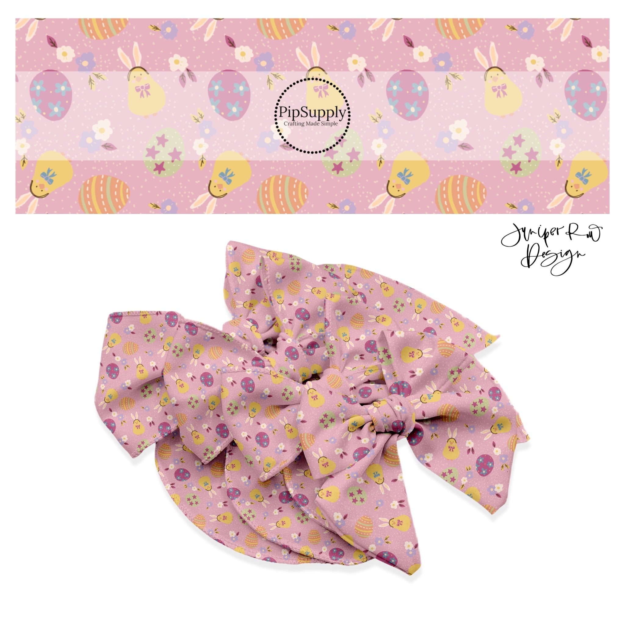Floral Eggs and Chicks on Mauve Bow Strips - Mauve Polka Dot Bow Strips ...