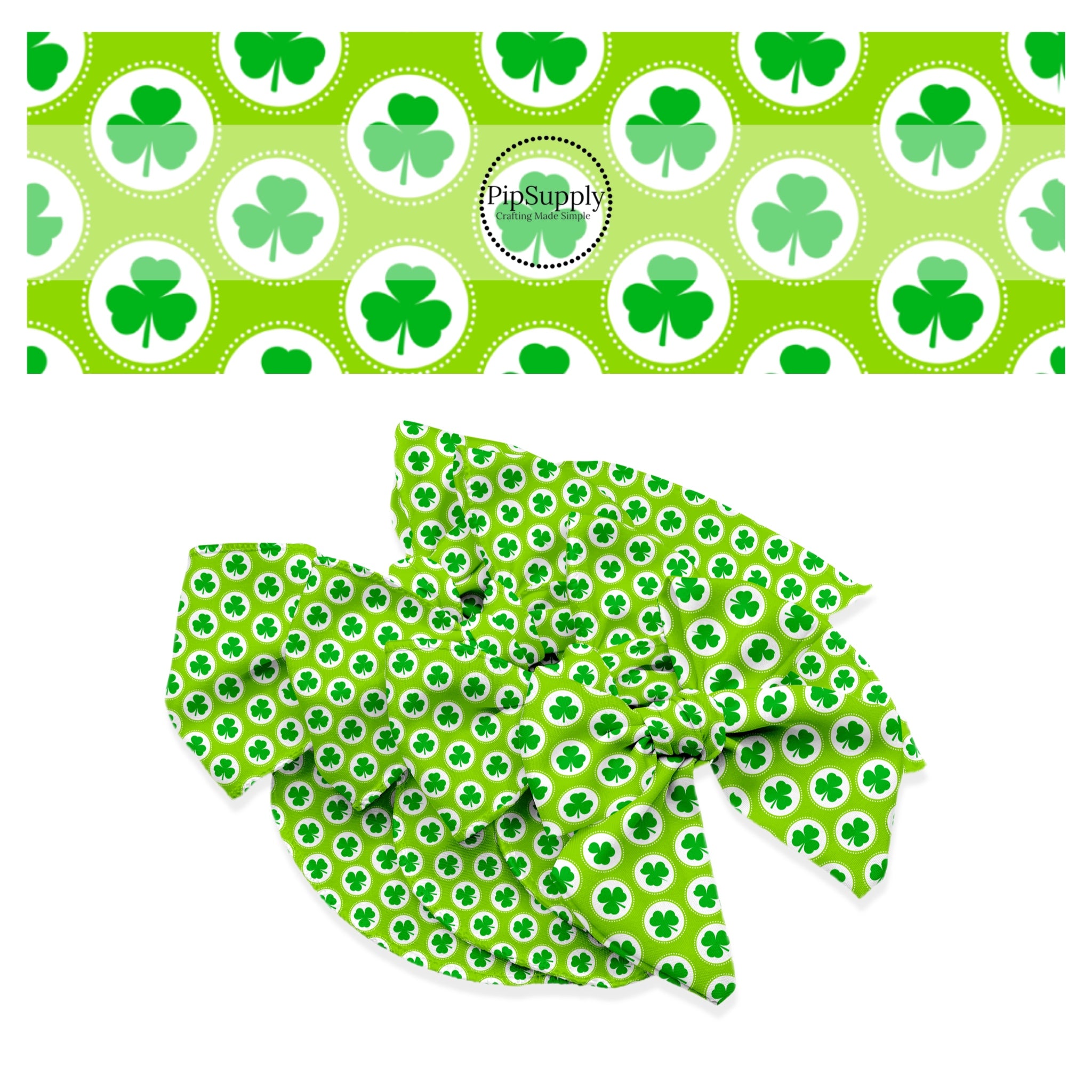 Green Shamrocks on White Dots Bow Strips - Bright Green Shamrock Dot ...