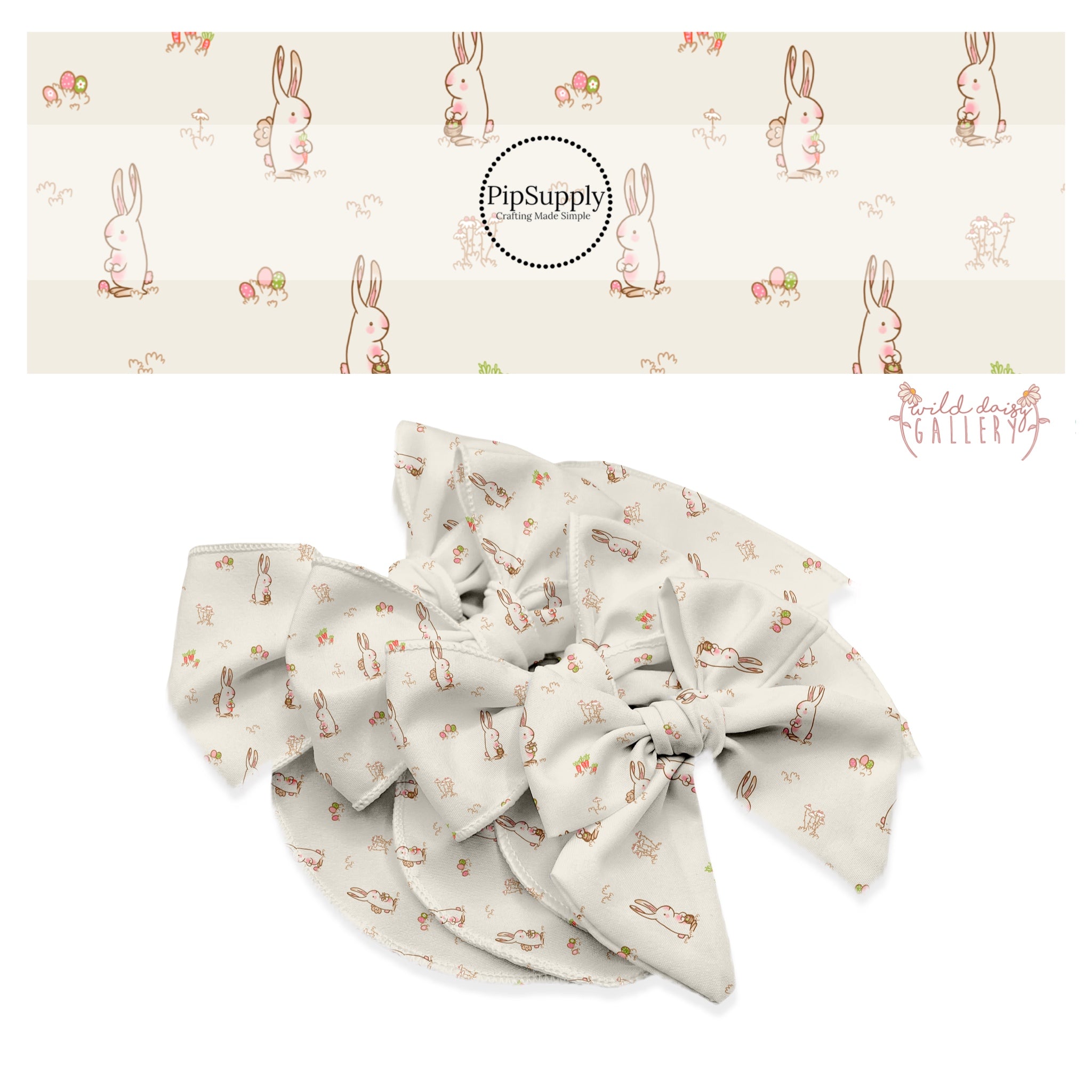 Bunnies in Floral Egg Fields Bow Strips - Bunny Egg Hunt Cream Bow ...
