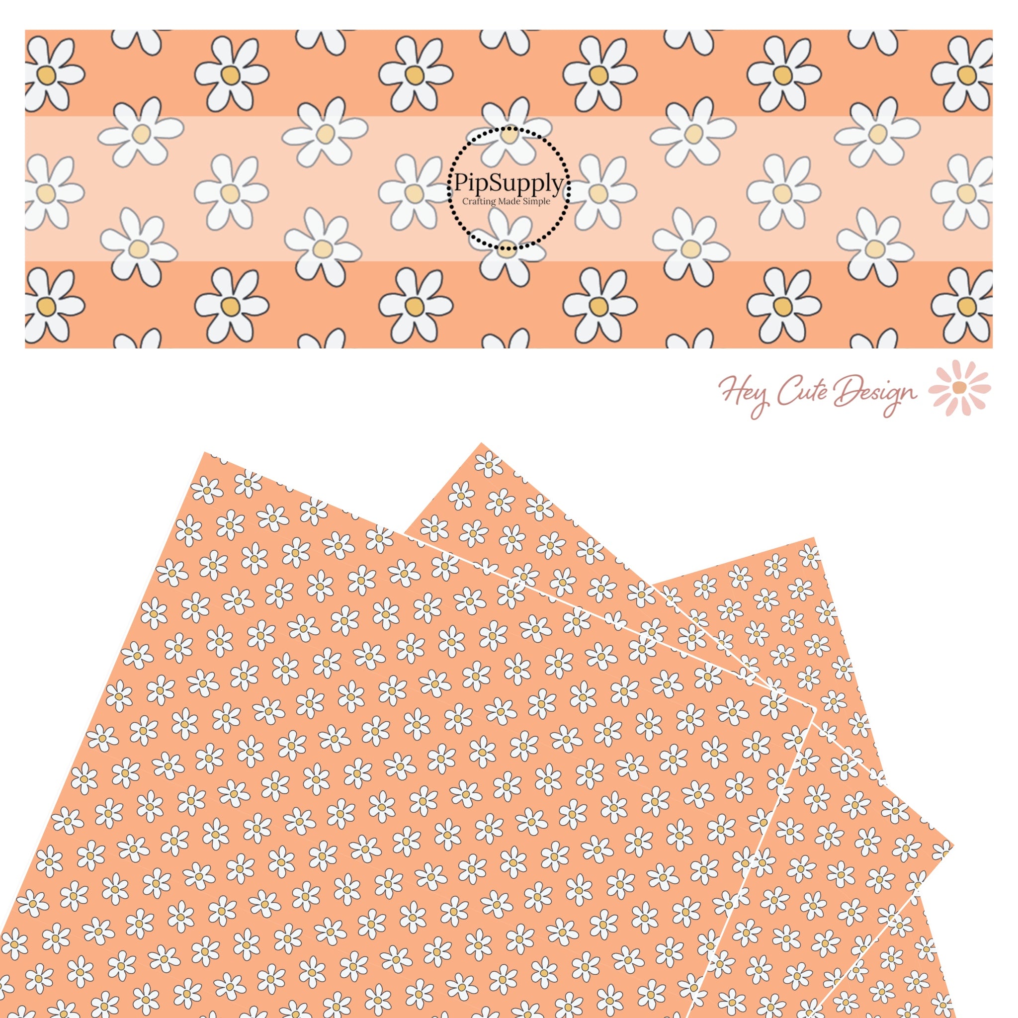 White Daisies on Peach Faux Leather Sheet - Floral on Apricot Faux ...