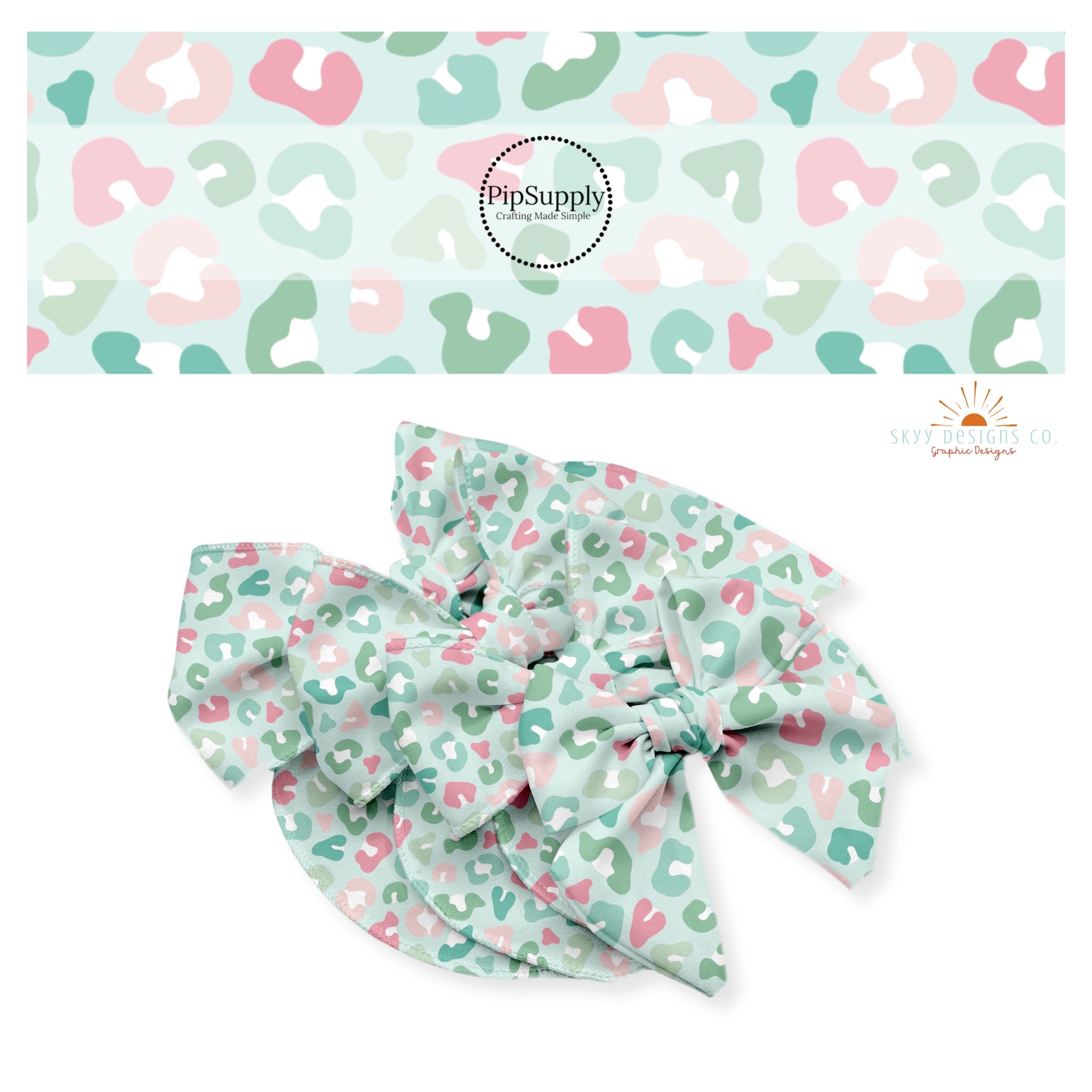Pink and Mint Leopard Spots Bow Strips - Mint Pastel Leopard Bow Strips ...