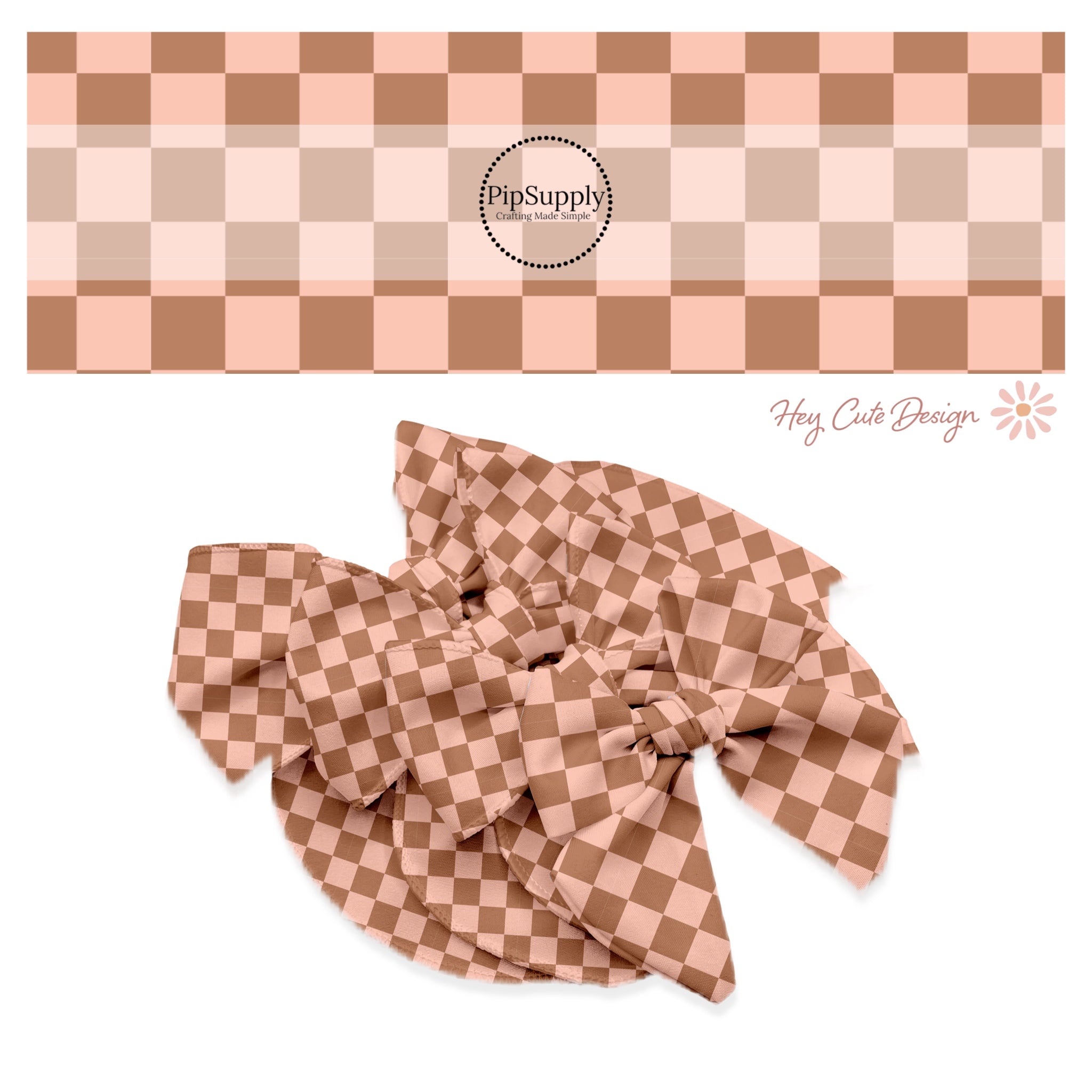Light Pink and Brown Checkered Bow Strips - Spring Neutral Checkered ...